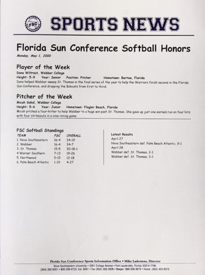 "FSC Sports News - 2000-05-01 - Florida Sun Conference Softball Honors ...