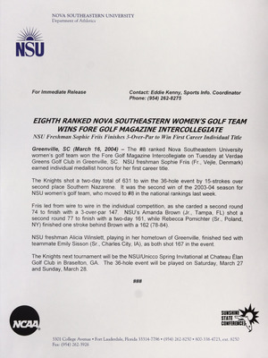 "NSU News Release - 2004-03-16 - Eighth Ranked Nova Southeastern Women ...
