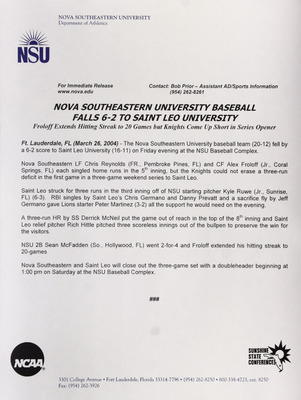"NSU News Release - 2004-03-26 - Nova Southeastern University Baseball ...