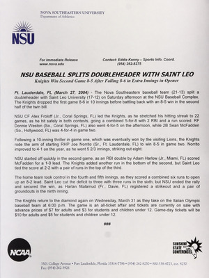 "NSU News Release - 2004-03-27 - NSU Baseball Splits Doubleheader With ...
