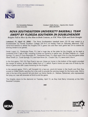 "NSU News Release - 2004-04-10 - Nova Southeastern University Baseball ...