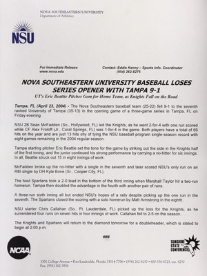 "NSU News Release - 2004-04-23 - Nova Southeastern University Baseball ...