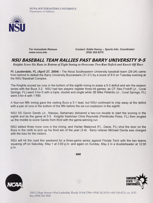 "NSU News Release - 2004-04-27 - NSU Baseball Team Rallies Past Barry U ...